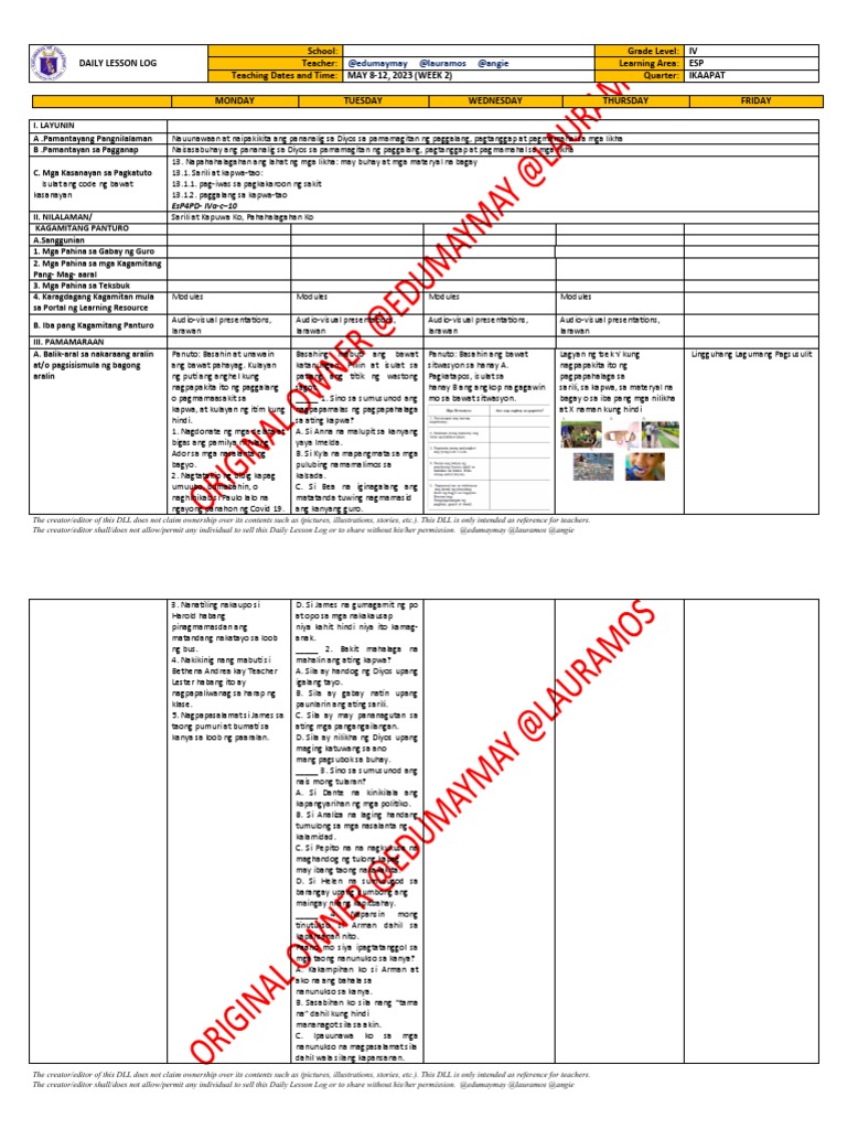 DLL - ESP 4 - Q4 - W2 - Napahahalagahan Ang Lahat NG Mga Likha May Buhay at Mga Materyal Na ...