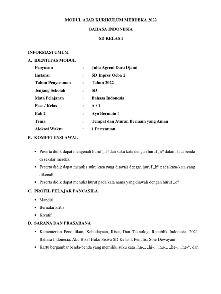 Modul Ajar Kurikulum Merdeka 2022 Bahasa Indonesia Pdf