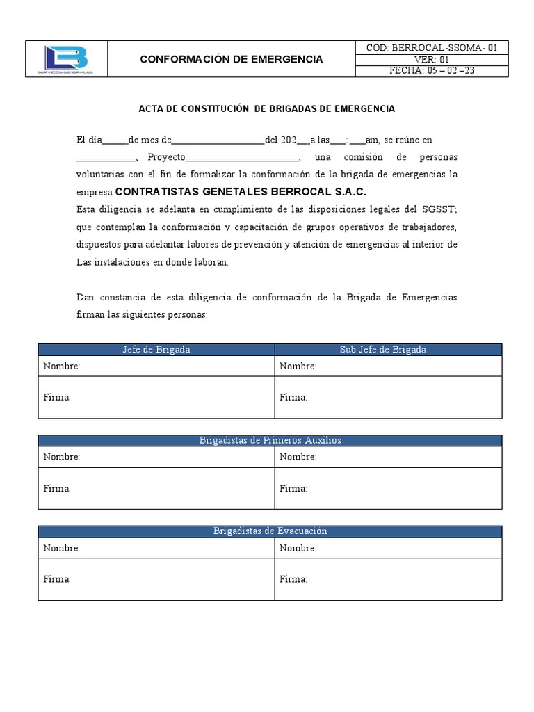 Acta de Conformacion de La Brigada de Emergencia | PDF Acta de Conformacion de La Brigada de Emergencia | PDF