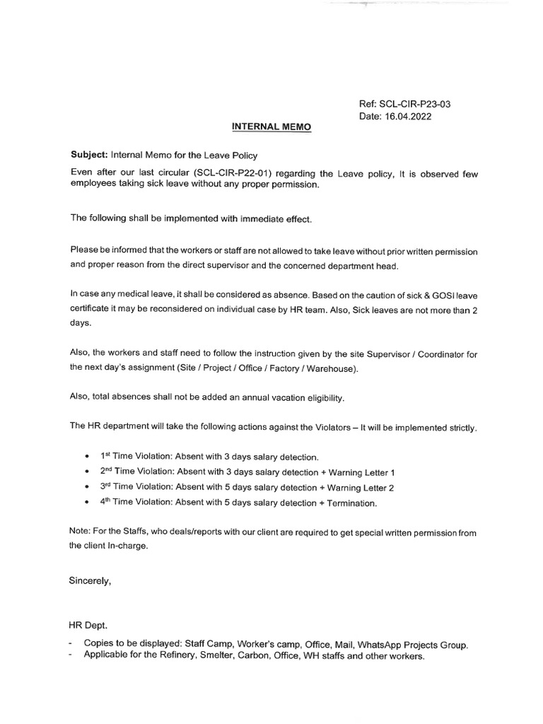 Internal Memo For Leave | PDF