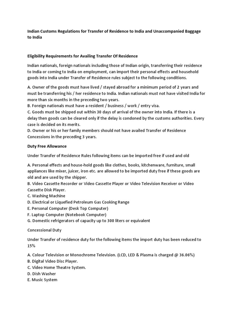 Transfer of Residence Customs Rules India | PDF