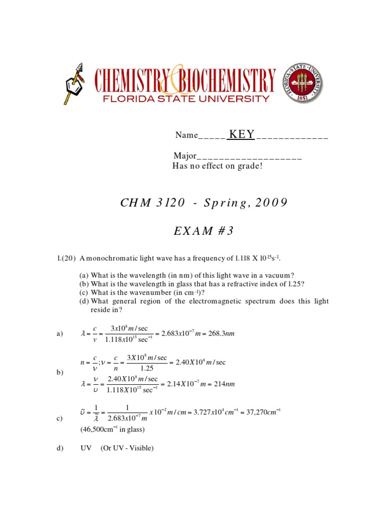 Exam 3 - Key | PDF | Wavelength | Ultraviolet–Visible Spectroscopy