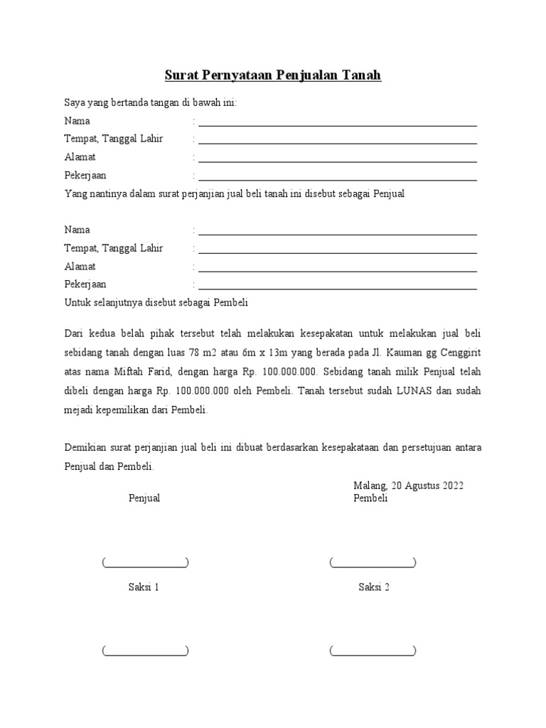 Surat Pernyataan Penjualan Tanah | PDF