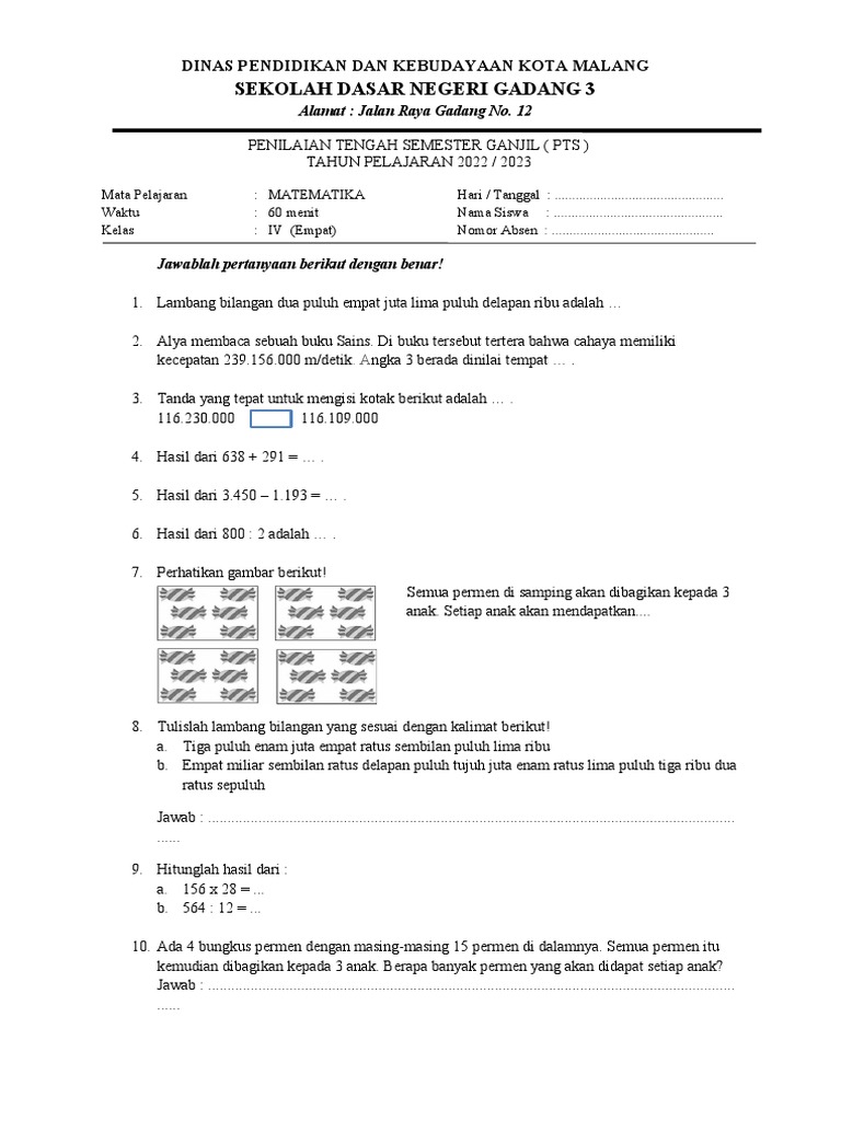 Soal PTS Mat Kelas 4 KM | PDF