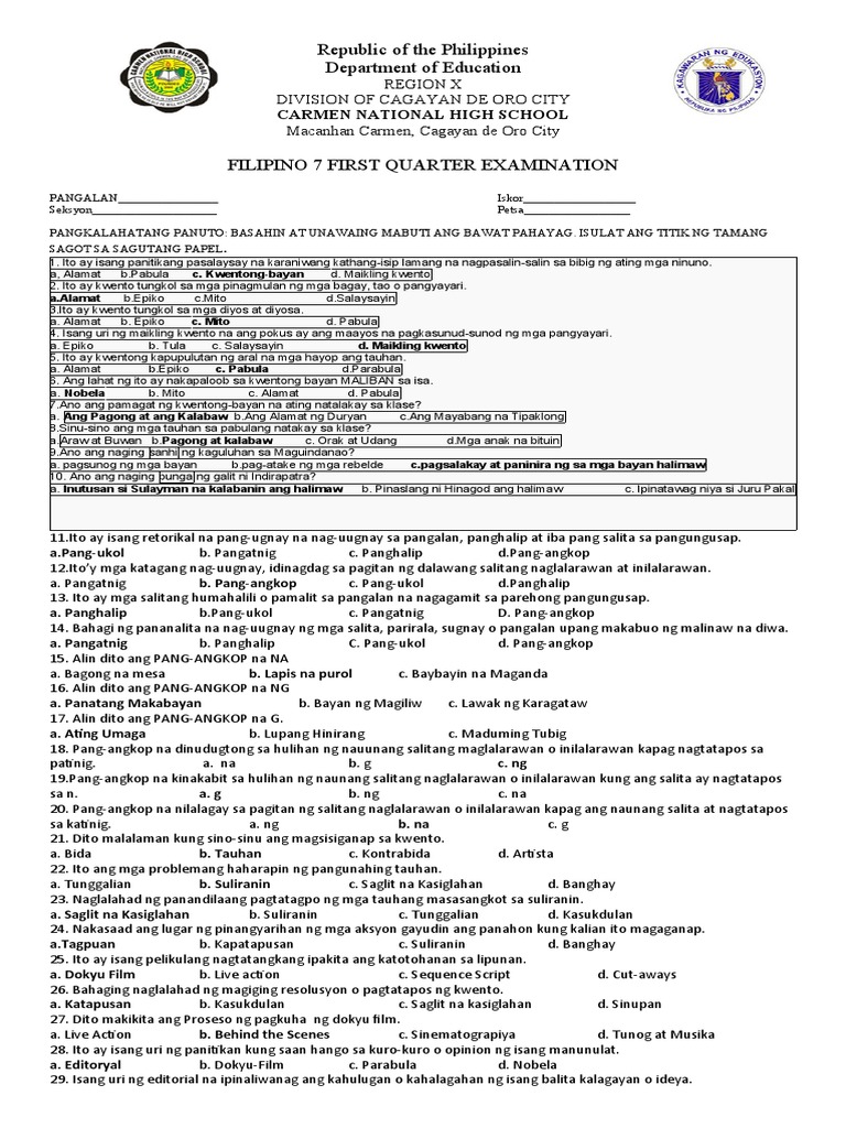 filipino exam first grading | PDF