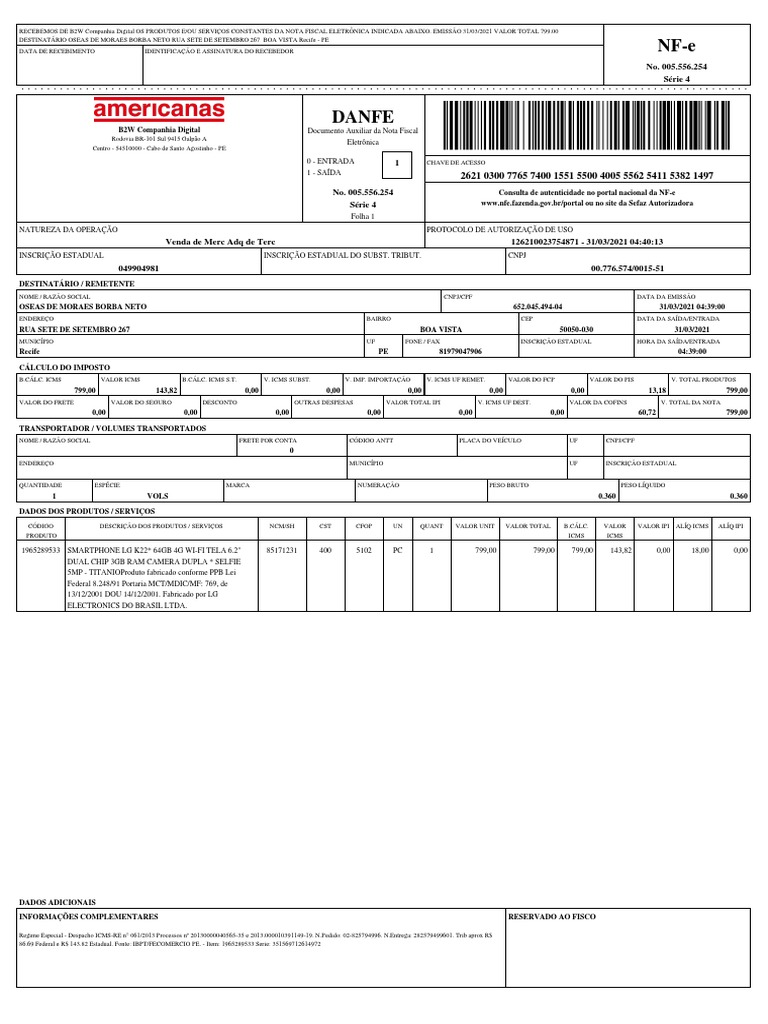 Danfe | PDF | Recibo | Mercado (economia)
