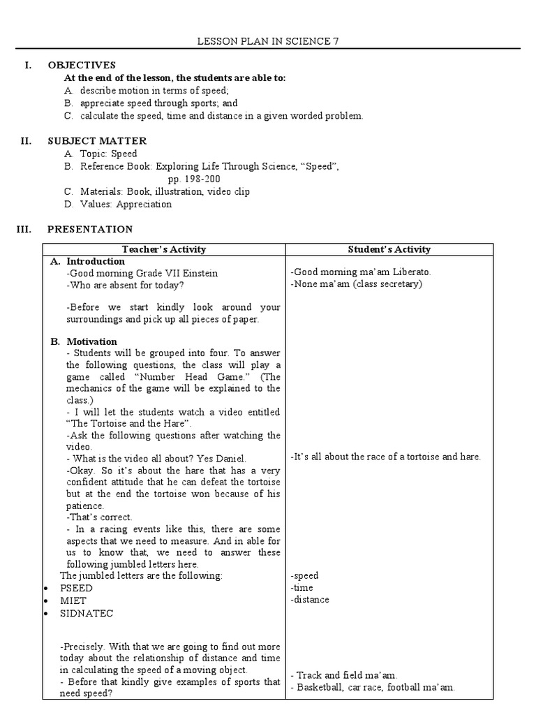 Semi-Detailed Lesson Plan on Speed | PDF | Speed
