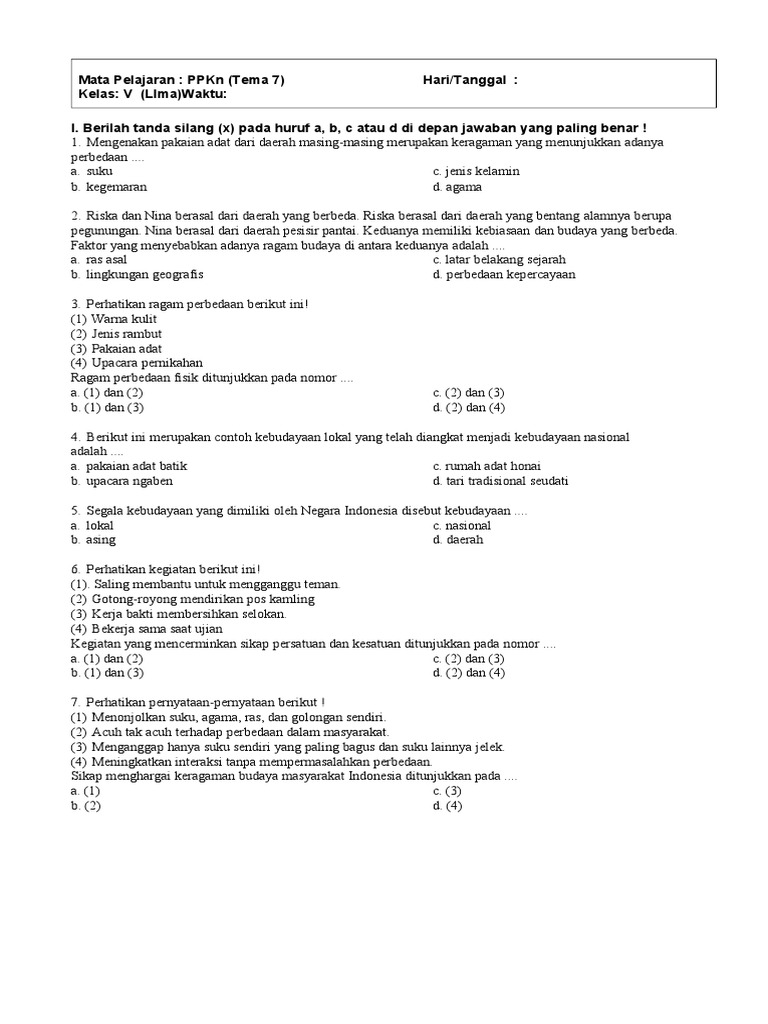 Soal Tematik Kelas 5 Tema 7 Mapel PPKN | PDF | Game & Aktivitas | Kajian Bahasa Asing