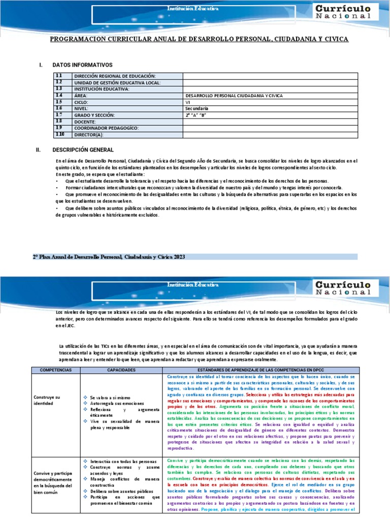 PROGRAMACION ANUAL DPCC 2° AÑO 2023 | PDF | Sexualidad | Aprendizaje