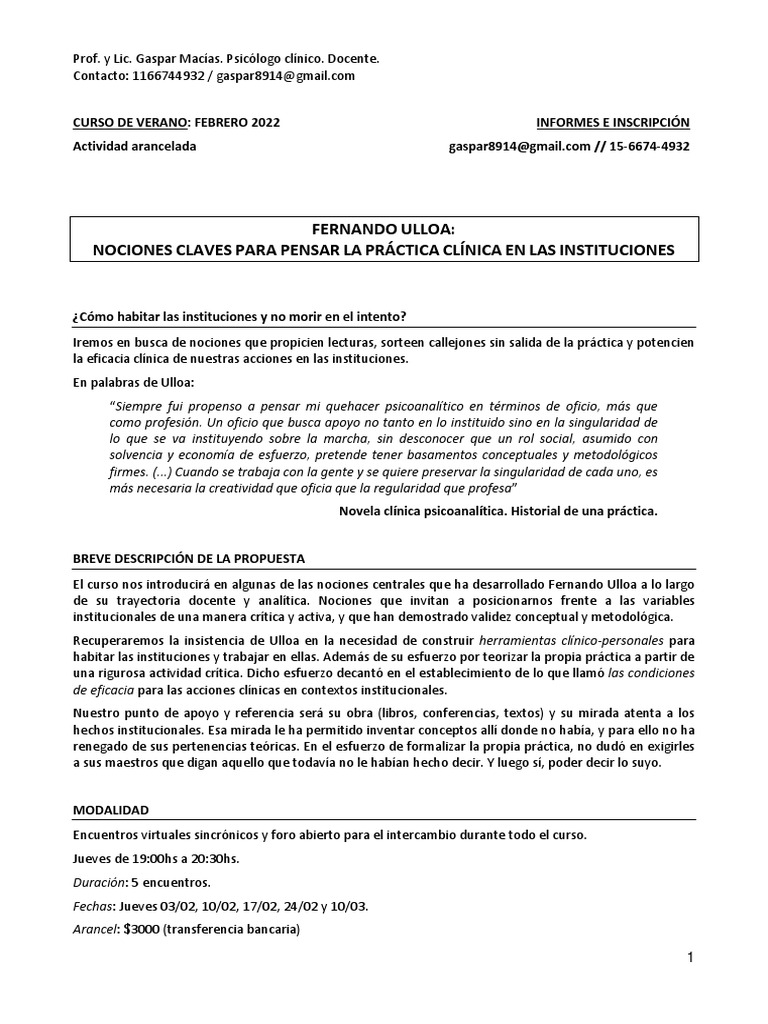 Curso Fernando Ulloa Nociones Claves Para Pensar La Práctica en Las ...
