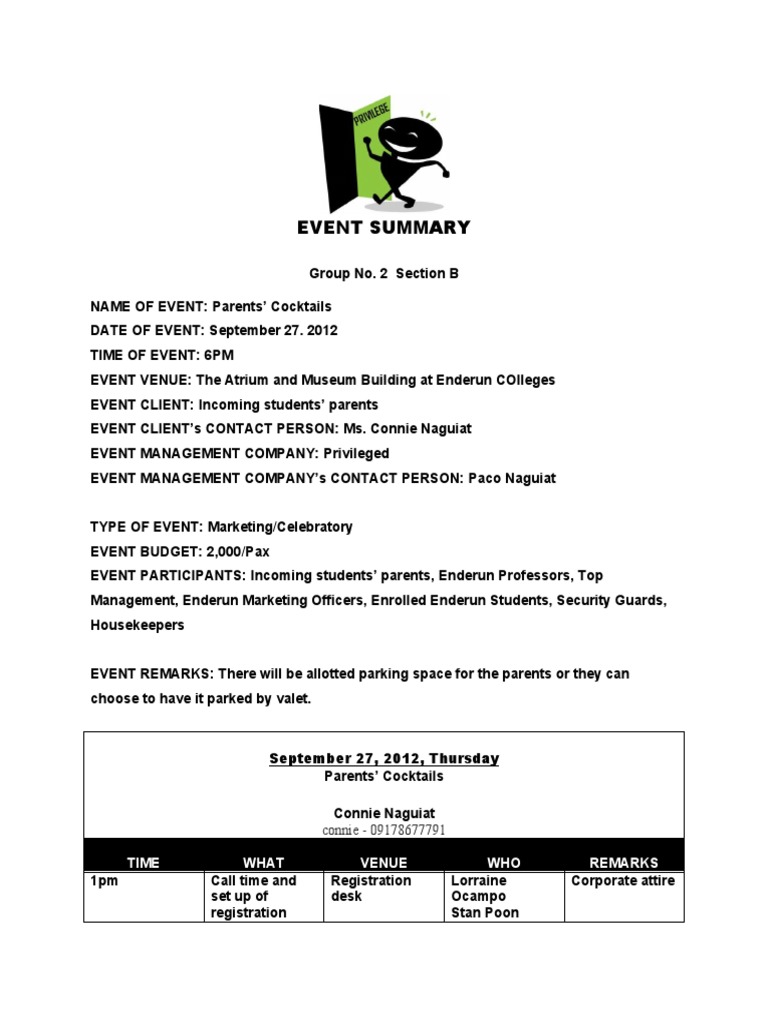 Parents' Cocktails Event Summary | PDF