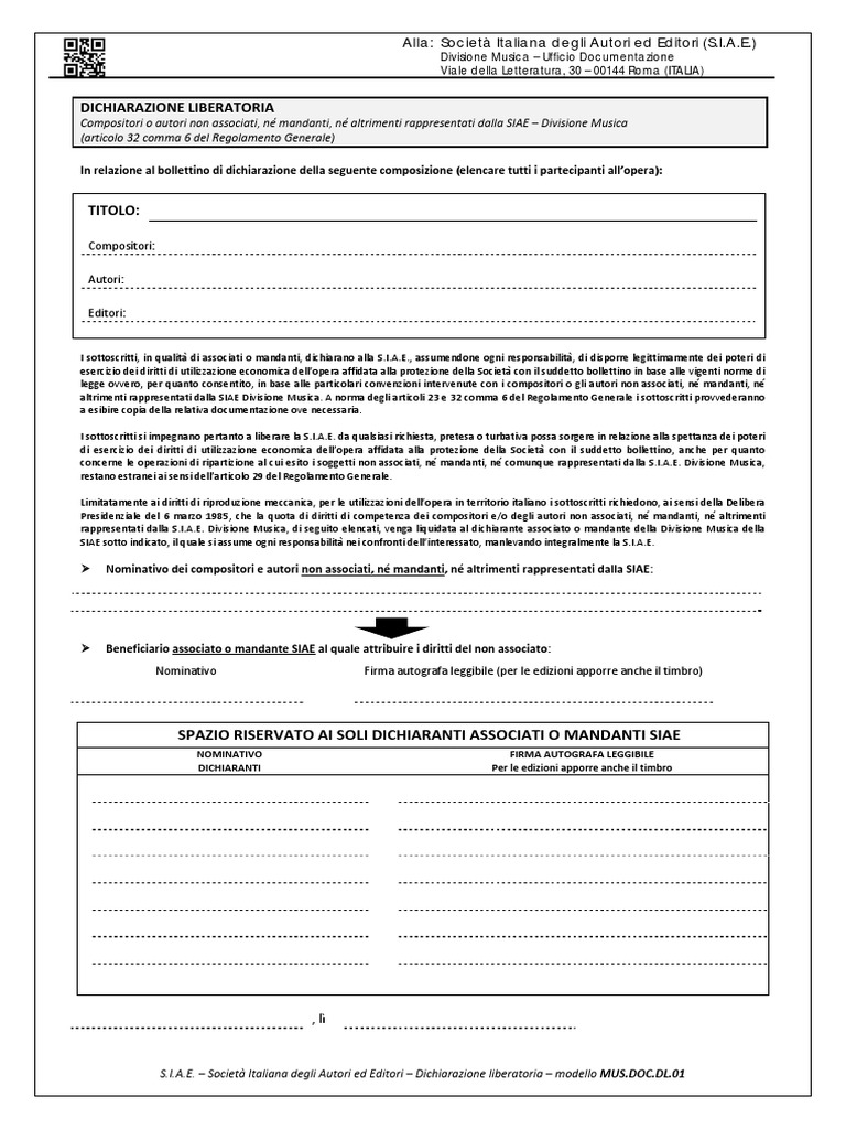 SIAE - Dichiarazione Liberatoria - MUS-DOC-DL-01 | PDF
