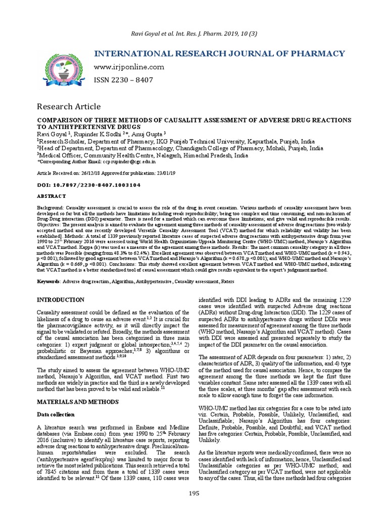 Comparing causality assessment methods for ADRs | PDF ...