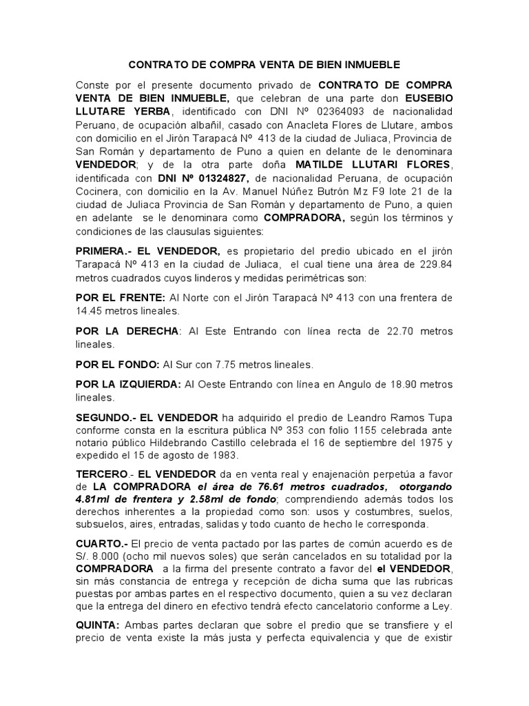 CONTRATO DE COMPRA VENTA DE BIEN INMUEBLE | PDF