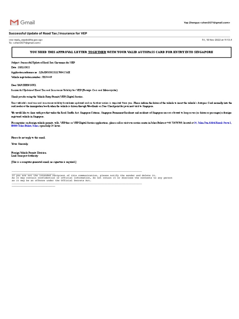 You Need This Approval Letter Together With Your Valid Autopass Card ...