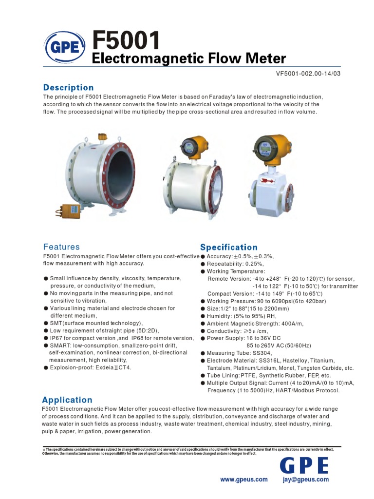 Specification Sheet for the F5001 Electromagnetic Flow Meter | PDF | Flow Measurement | Electricity