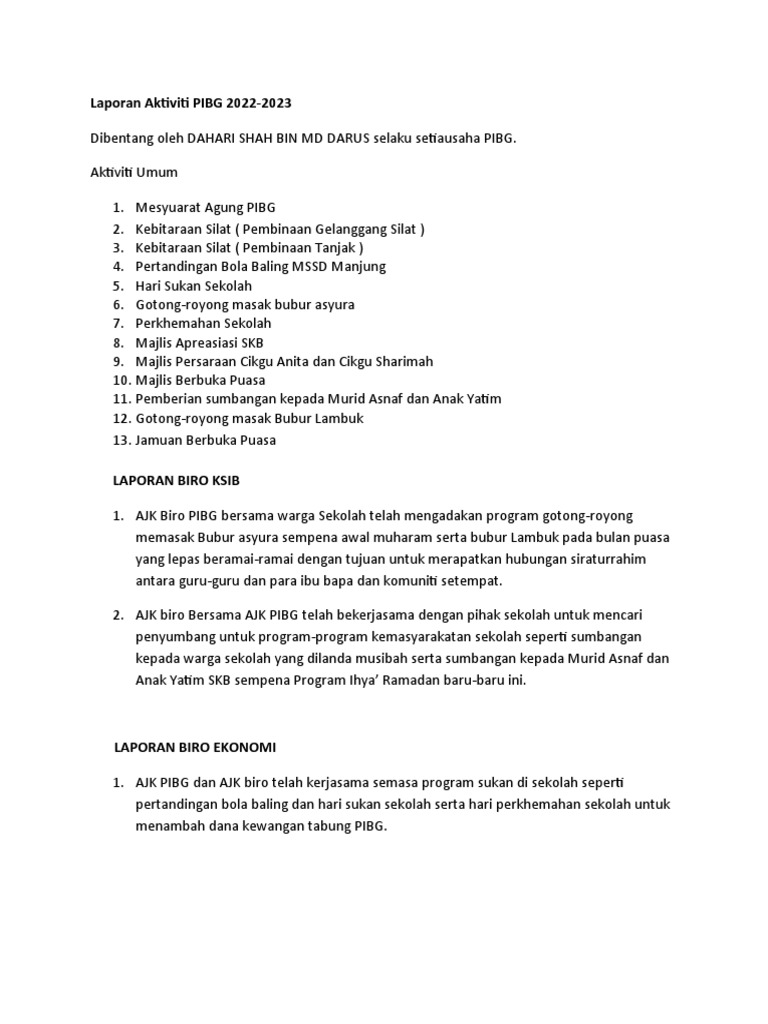 Laporan Aktiviti PIBG 2022-2023 | PDF
