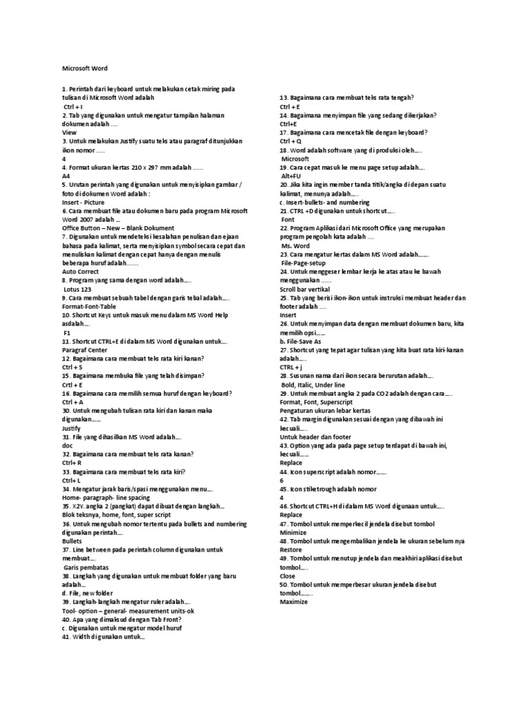 Soal Pilihan Ganda Materi Microsoft Word | PDF