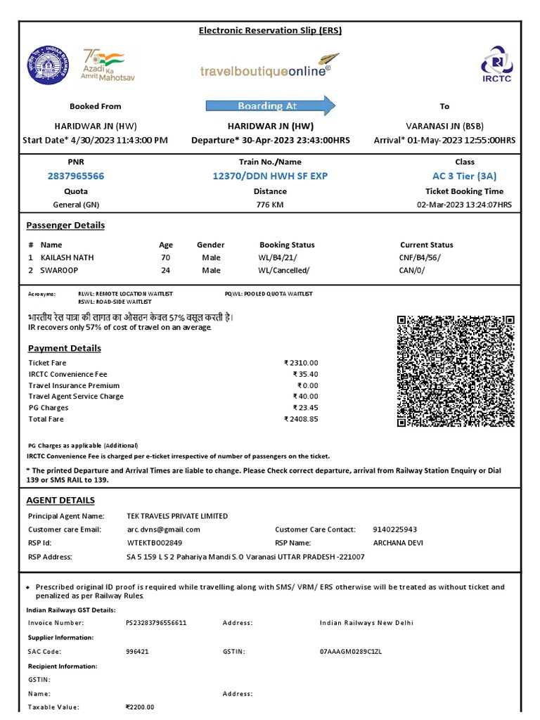 12370/Ddn HWH SF Exp AC 3 Tier (3A) : Electronic Reservation Slip (ERS) | PDF | Rail Transport ...