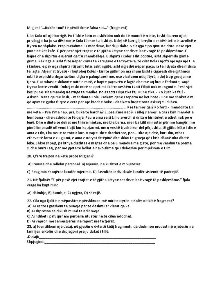 Migjeni " Bukën Tonë Të Përditshme Falna Sot " | PDF