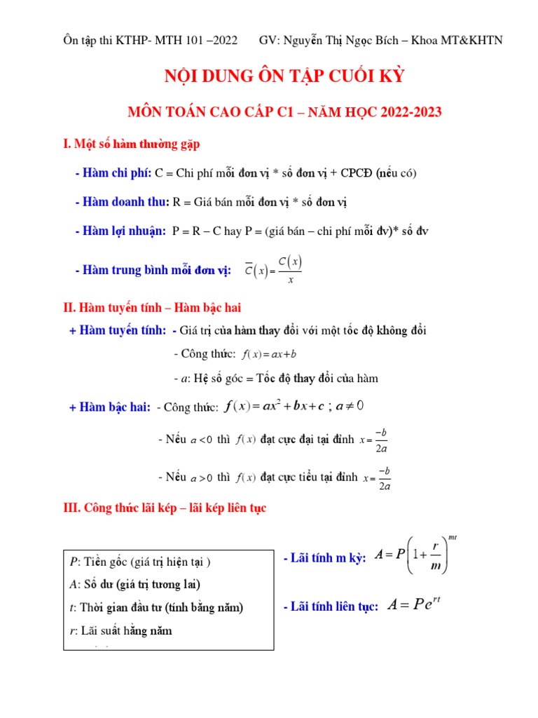 On Tap Thi Cuoi Ky MTH 101 Năm 2022 | PDF