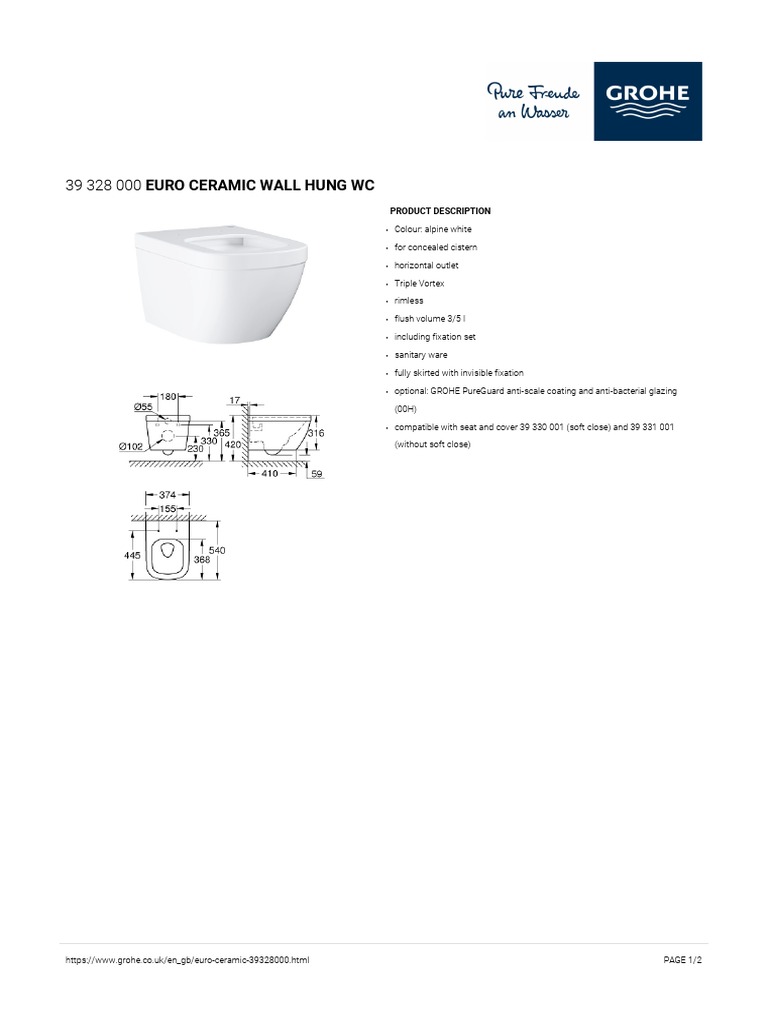 Grohe Euro Ceramic Wall Hung WC 39328000 | PDF | Home & Garden