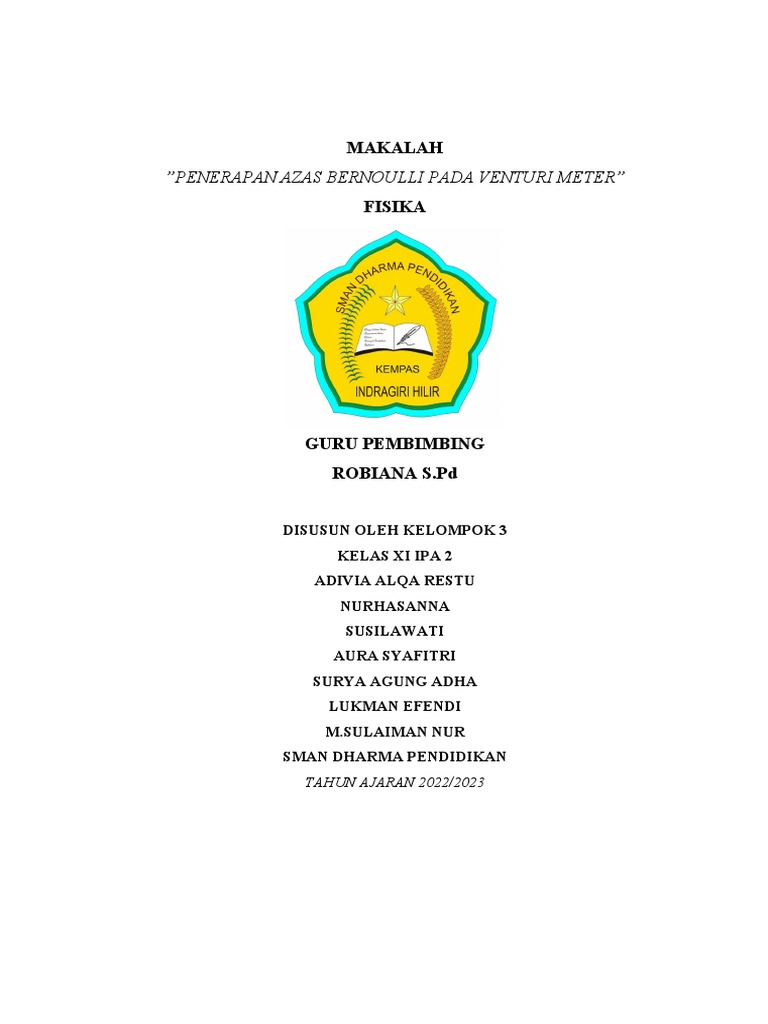MAKALAH VENTURI METER KLS 11 IPA 2 Asas Bernauli | PDF