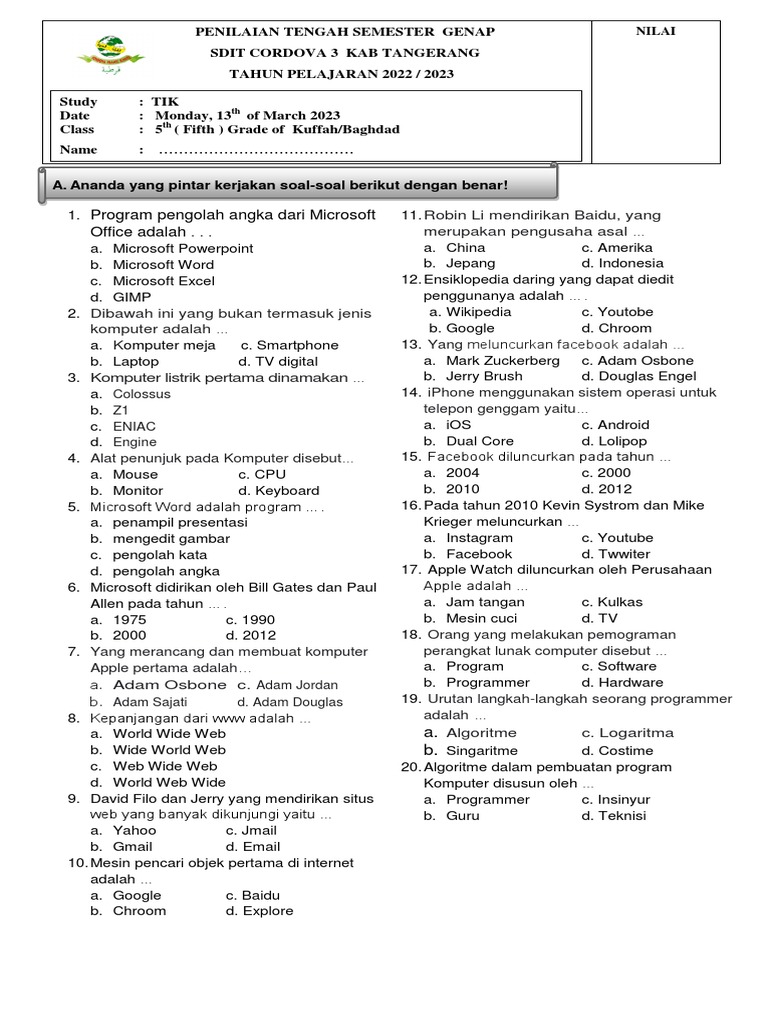 Soal TIK PTS Genap SD Kelas 5 | PDF | Teknologi & Rekayasa