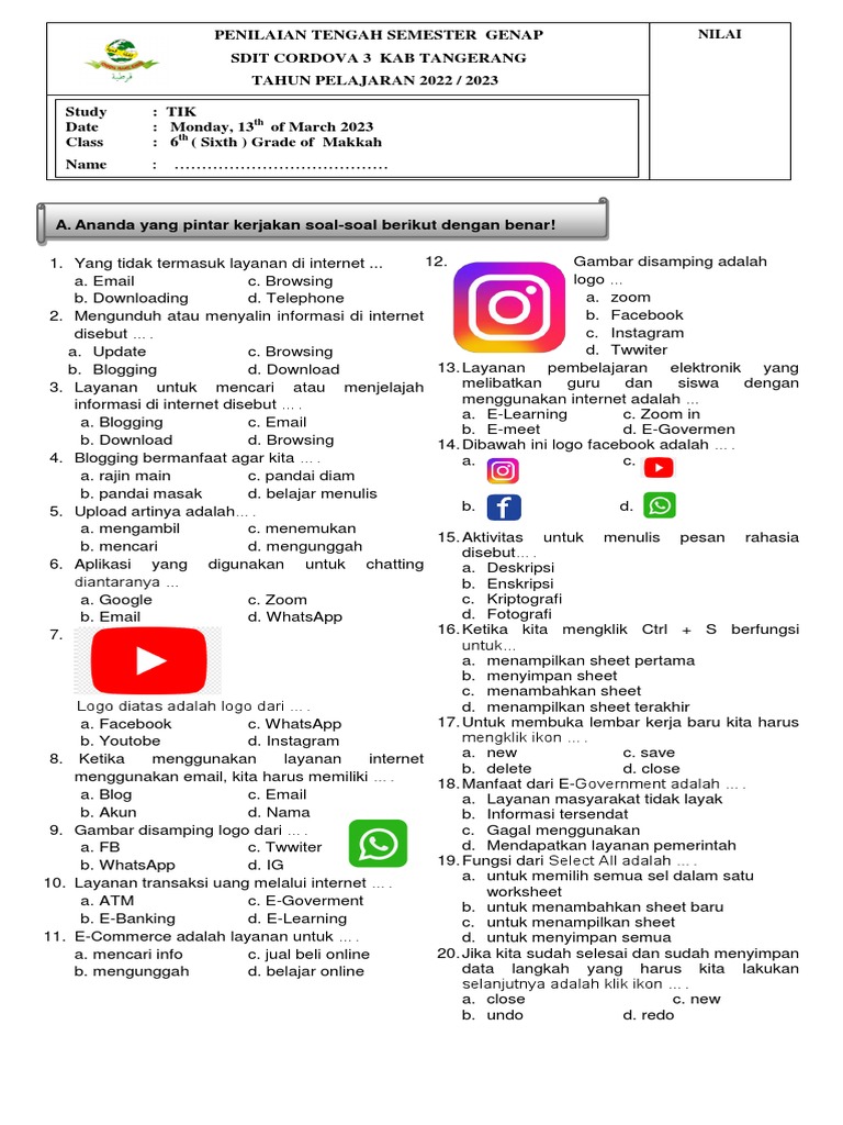 Soal TIK PTS Genap SD Kelas 6 | PDF | Komputer