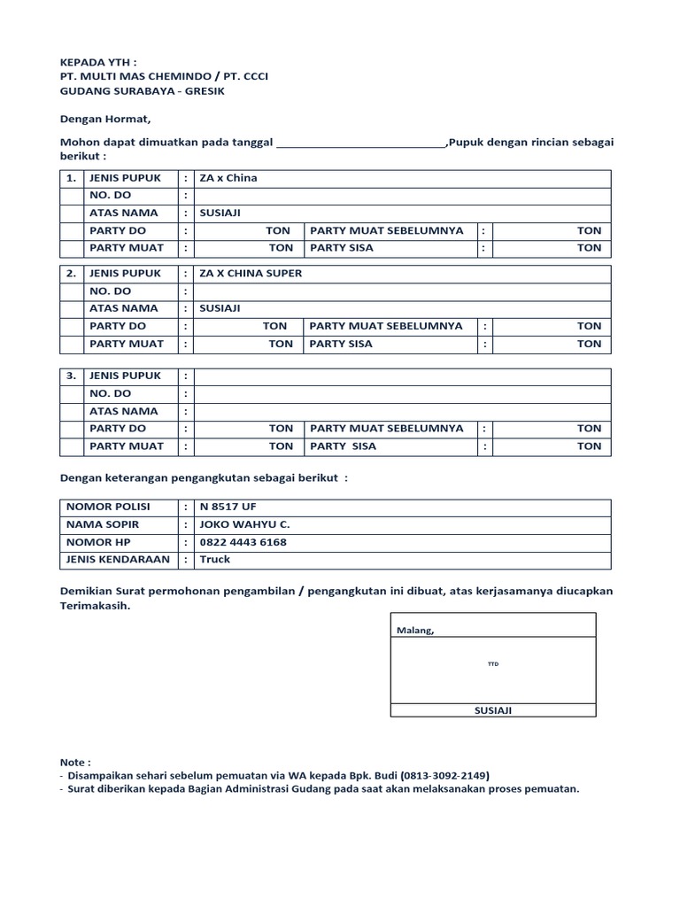 Format Surat Pengantar Pengambilan Barang | PDF