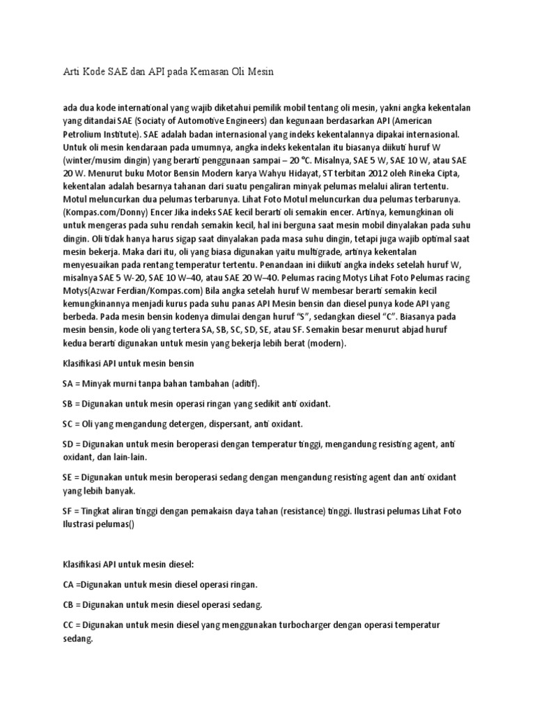 Kode SAE dan API pada Oli Mesin | PDF | Teknologi & Rekayasa