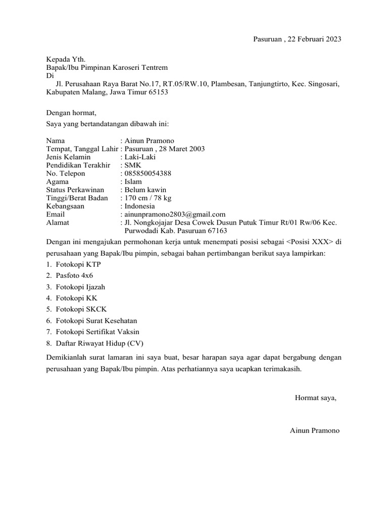 Surat Lamaran Kerja Ainun Pramono | PDF | Self-Improvement