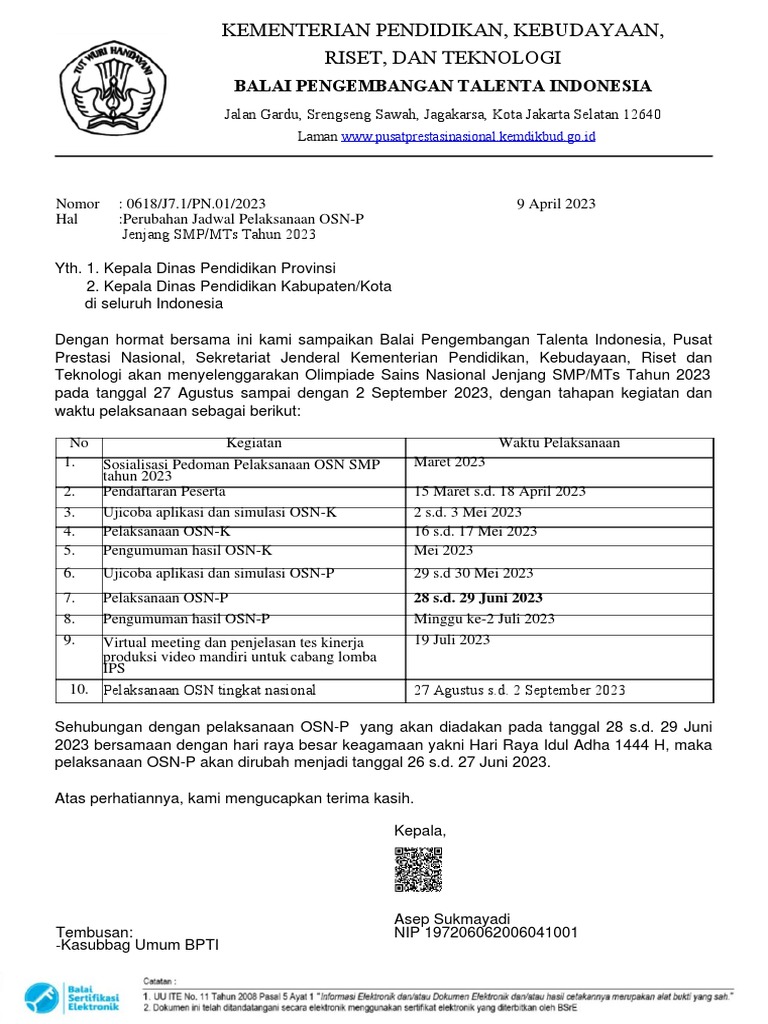 Perubahan Jadwal OSN-P Jenjang SMP Tahun 2023 | PDF