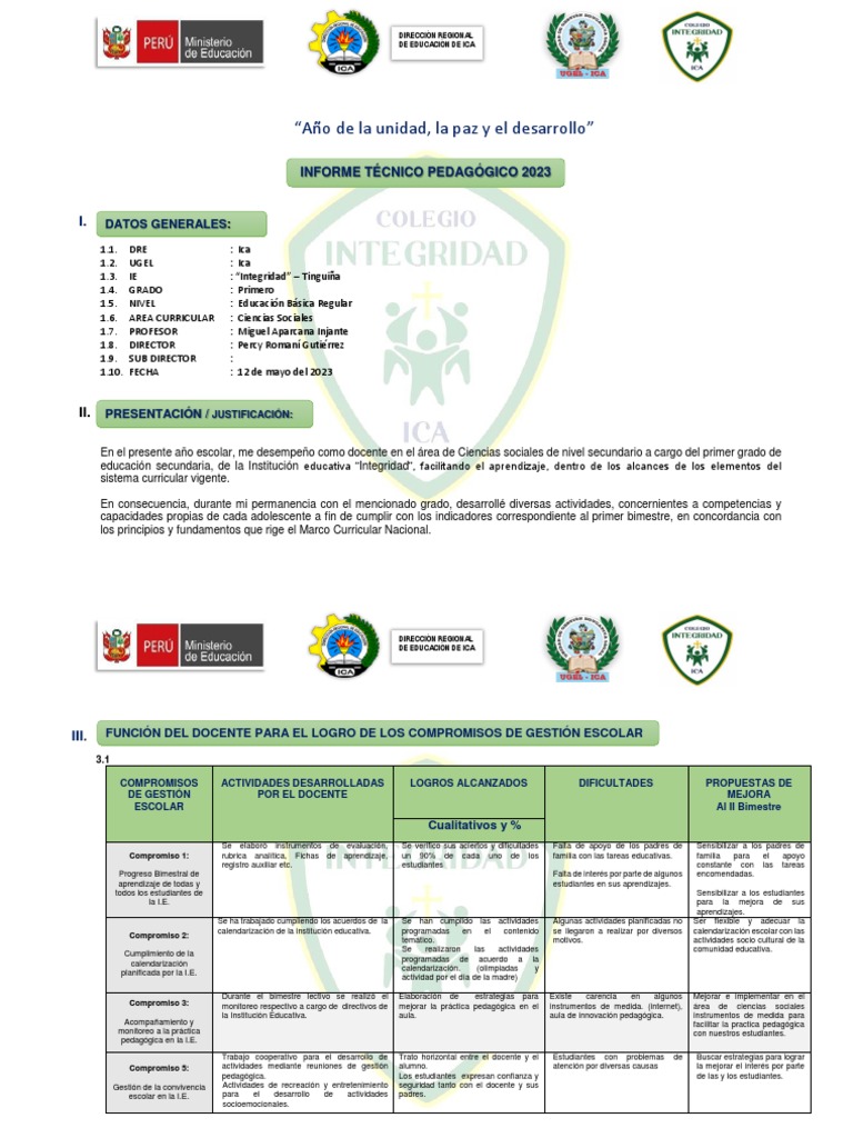 1.-Primer Bimestre - Informe Tecnico Pedagogico CC - SS - Primer Grado | PDF