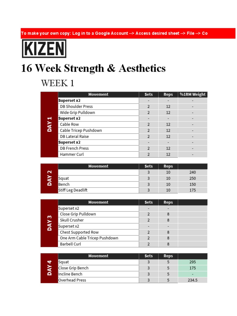 Kizen First 4 Weeks of 16 Week Strength & Aesthetics - Free Program | PDF