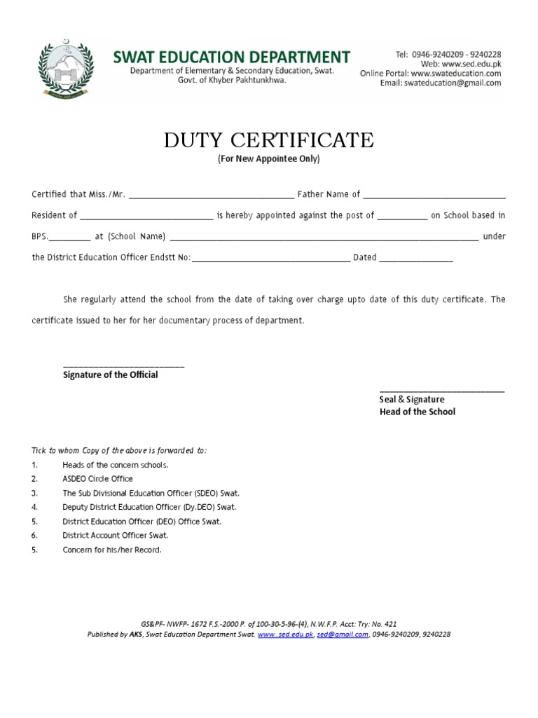 Duty Certificate | PDF