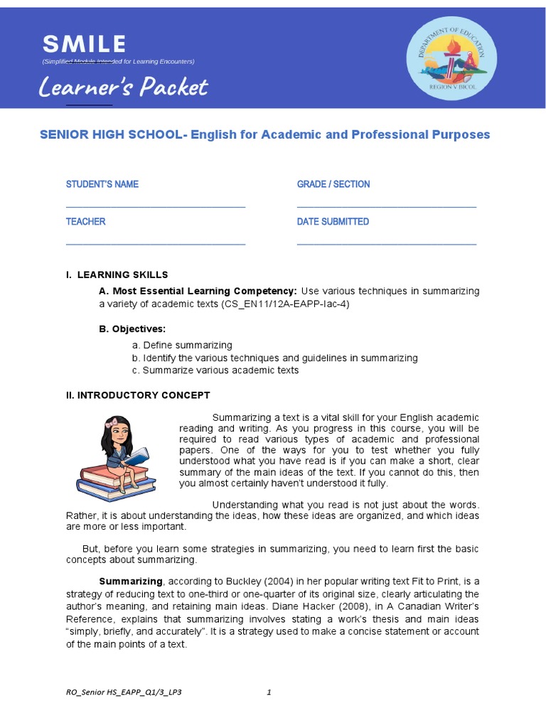Summarizing Techniques for EAPP Grade 11 | PDF