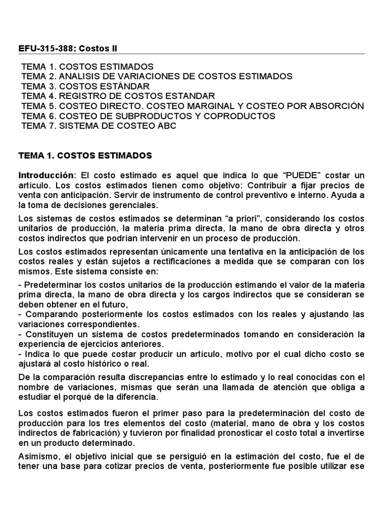 Tema 1. Costos Estimados | PDF