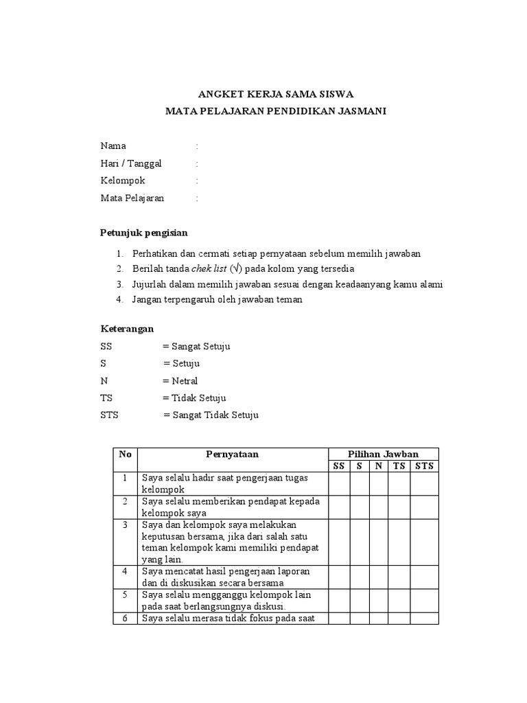 Angket Kerja Sama Siswa | PDF