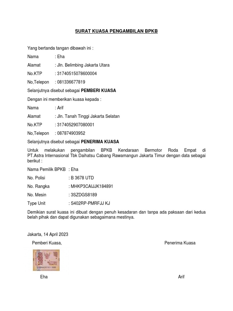 Surat Kuasa Pengambilan BPKB Mobil | PDF