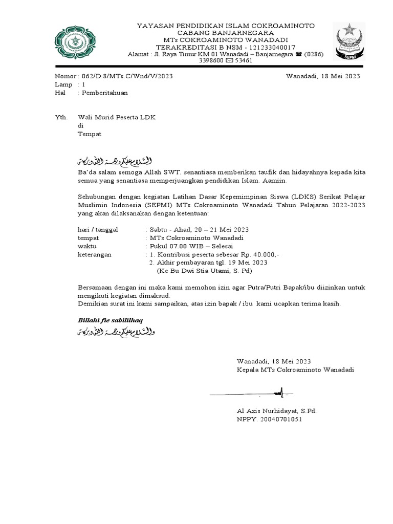 Surat Pemberitahuan LDK | PDF