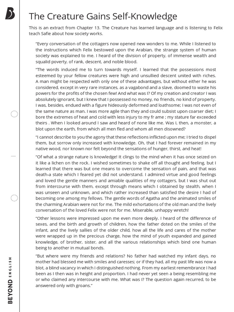 The Creature Gains Self-Knowledge Text - Frankenstein L11 | PDF