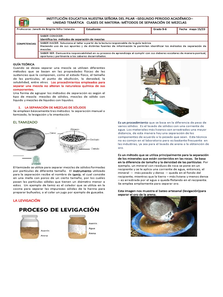 Métodos de separación de mezclas: Tamizado, levigación, imantación ...