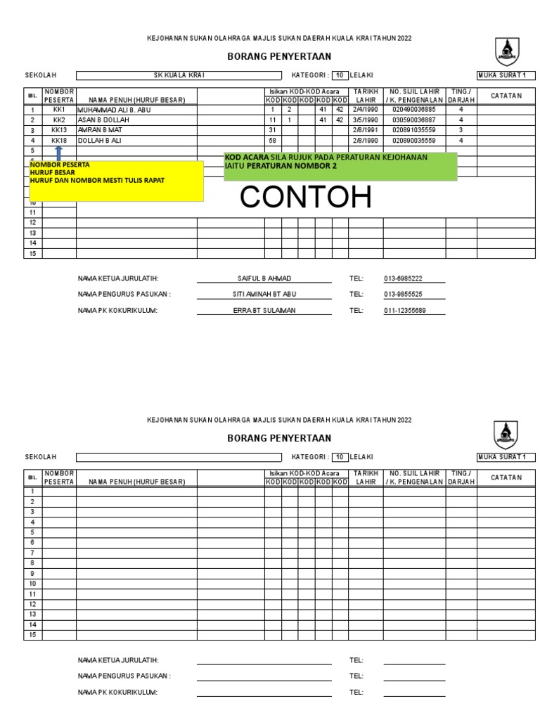 Borang Penyertaan Kejohanan Olahragaxls | PDF