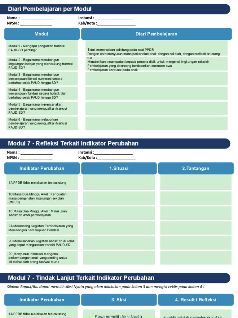 Refleksi Dan RTL - Bimtek Transisi PAUD-SD | PDF