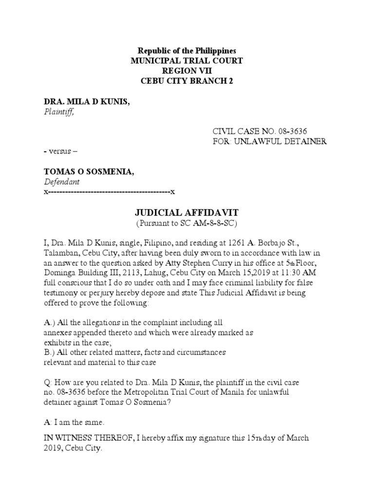 Judicial Affidavit for Unlawful Detainer | PDF