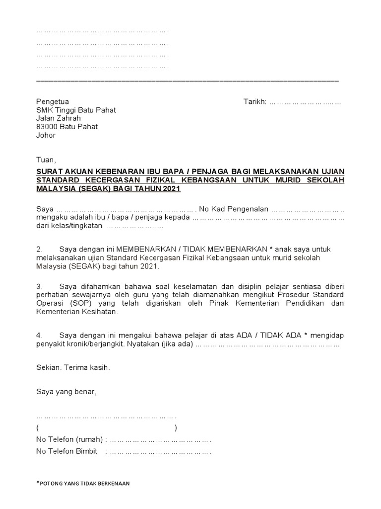 Contoh Surat Kebenaran Melaksanakan Ujian SEGAK 2021 | PDF