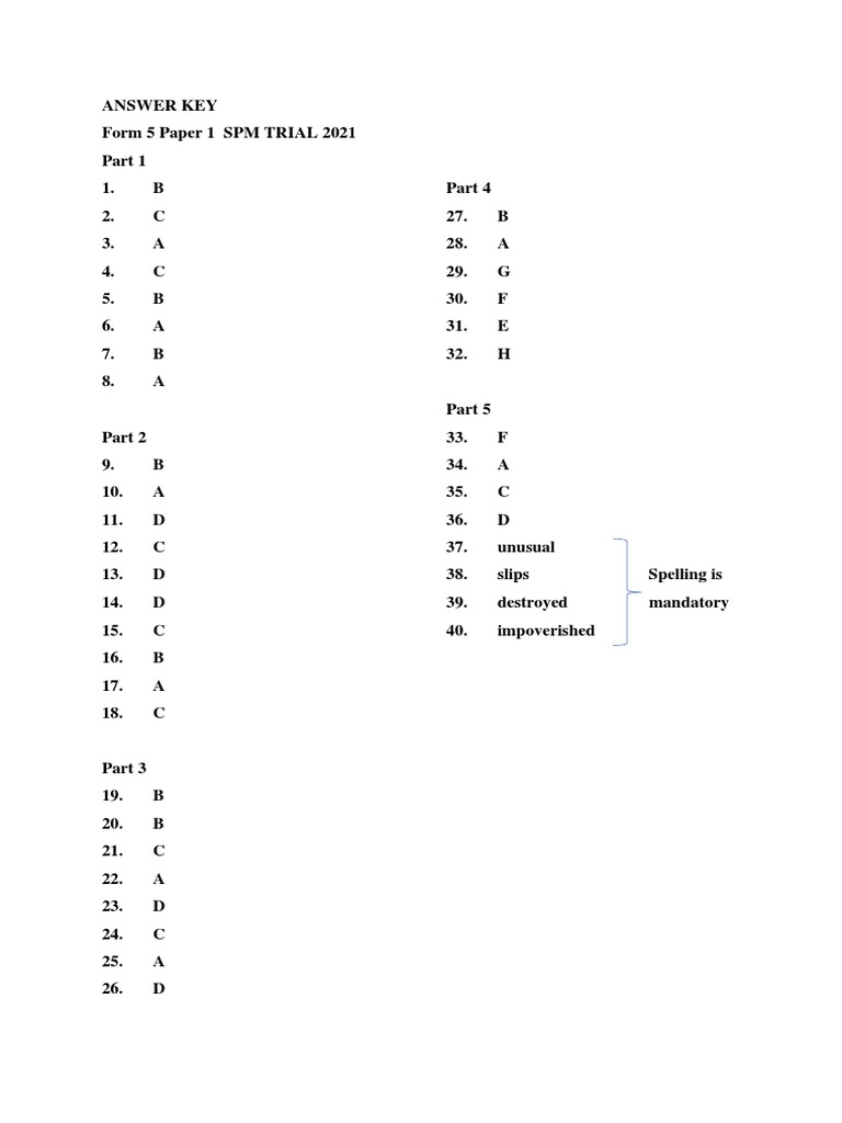 Answer Key Form 5 p1 English SPM Trial 2021 | PDF