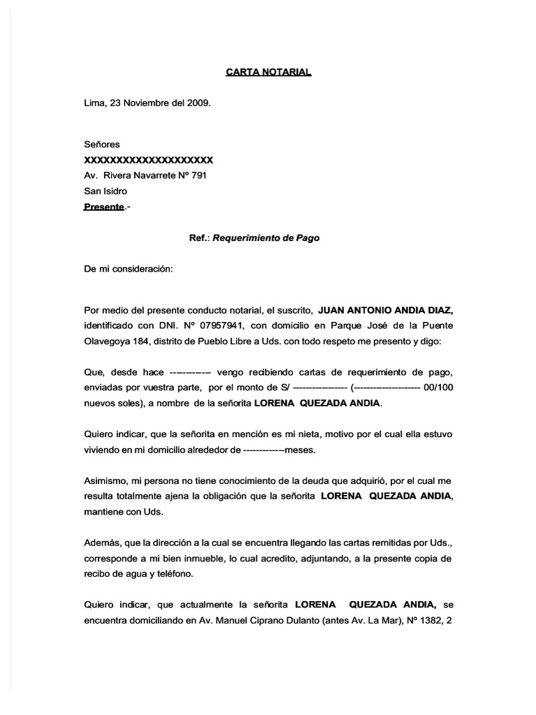 Modelo-Carta-Notarial, Requerimieto de Pago. | PDF