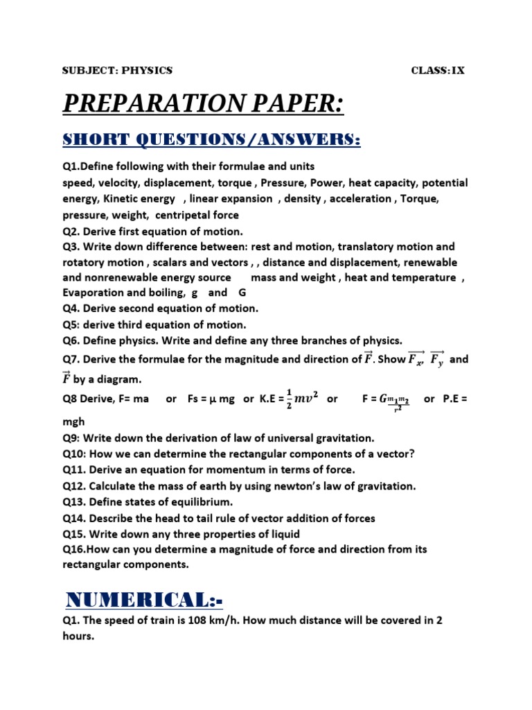 Class IX Physics Prep Paper | PDF | Science & Mathematics